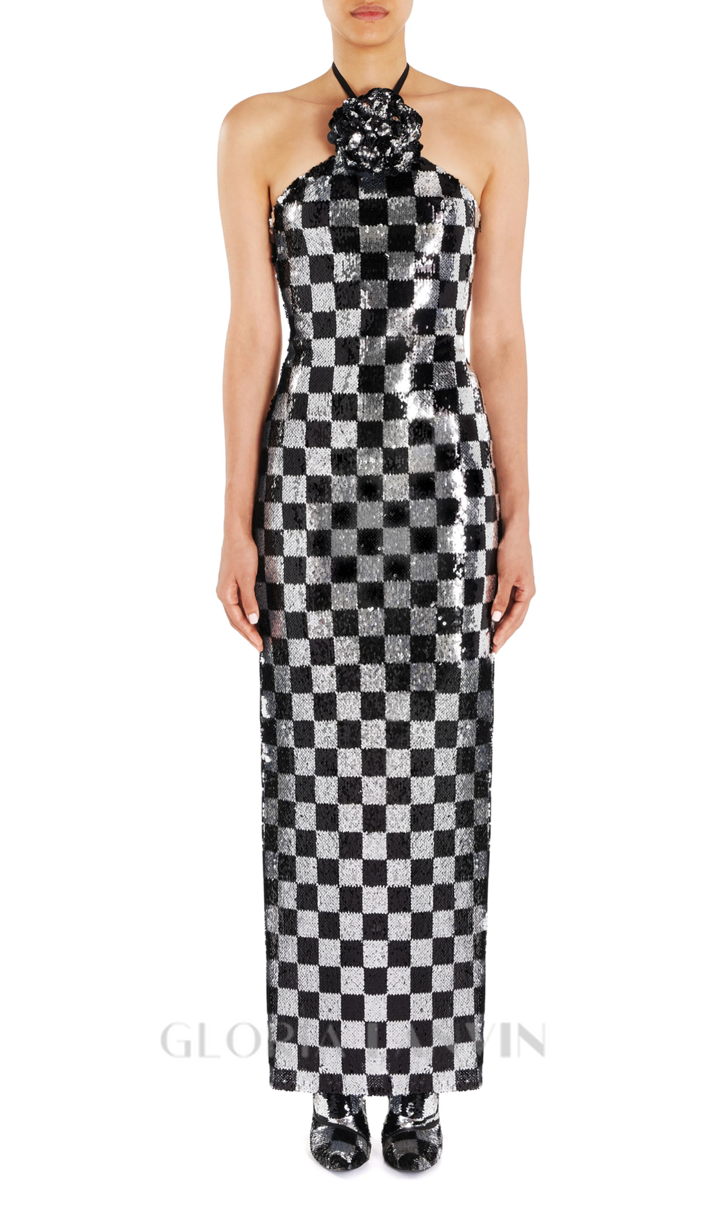 checkerboard sequin halter gown with flower – Gloria Lanvin