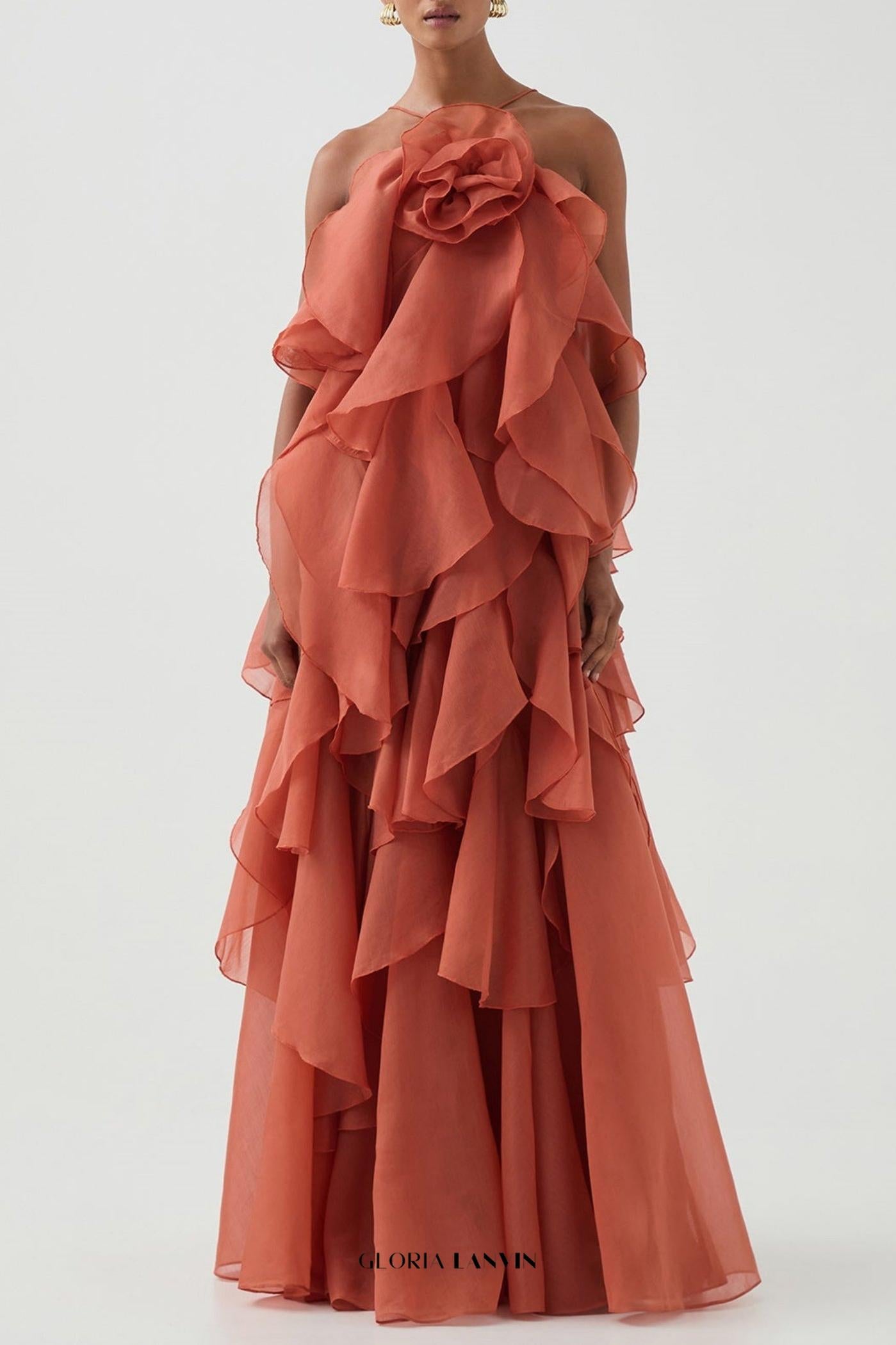 Caysie Halter Floral Ruffle Layered Maxi Dress in Orange – Gloria Lanvin